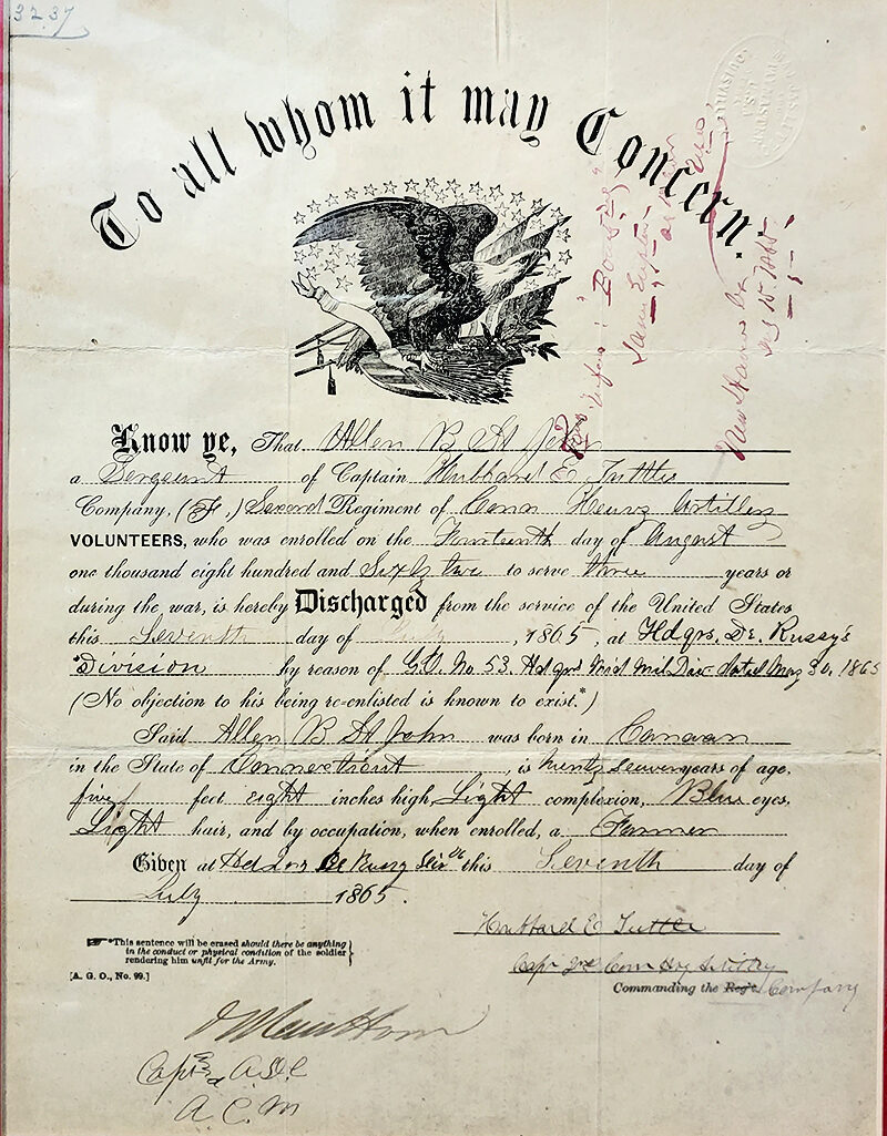 1865 Civil War Discharge Papers for Sergeant Allen B. St. John of the ...